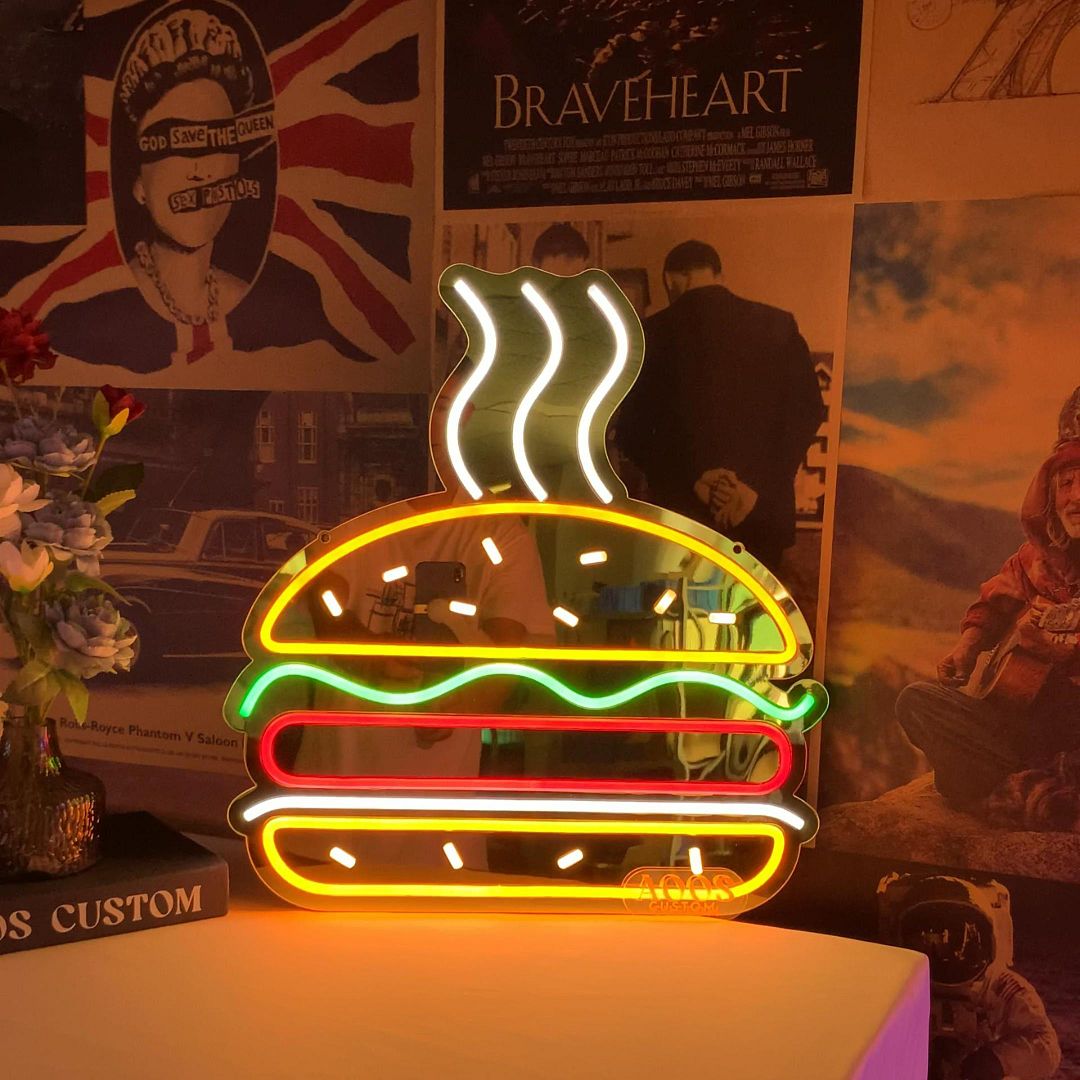 Custom Made Neon Signs, Burger Neon Sign Mounted on the Gold Mirror ...